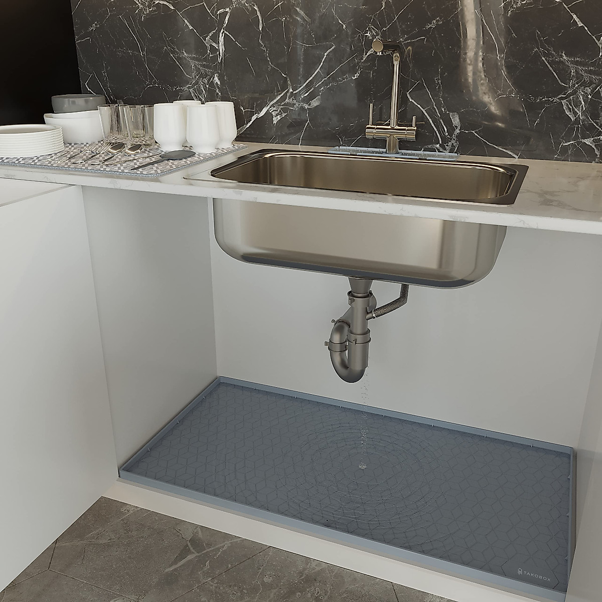 Under Sink Mats for KitchenWaterproof, 22x34 inches Under Sink Drip Tray, Under Kitchen Sink Mat, Grey