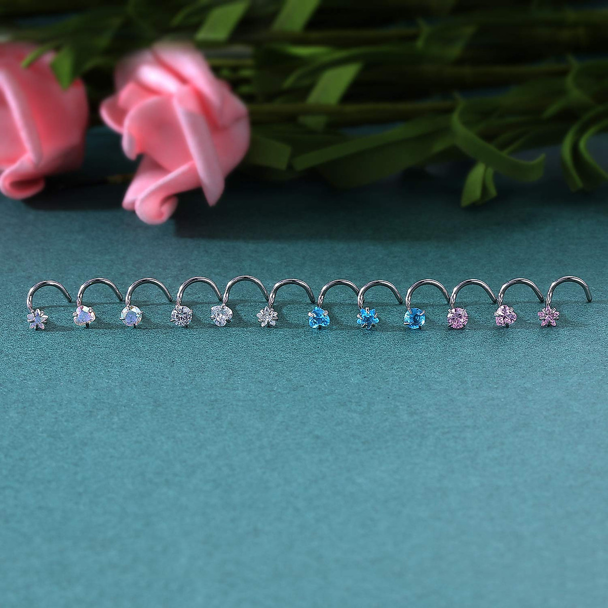 ZS 9-12PCS 20g Surgical Stainless Steel Nose Stud Ring Piercing Nose Bone/L Shaped/Nose Screws Rings Set (12pcs nose screws style)