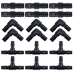 Leadrise 18 Pieces Drip Irrigation Fittings Kit 1/2" Tubing Set, 6 Tees, 6 Couplings, 6 Elbows Connectors for Rain Pipe and Sprinkler Systems