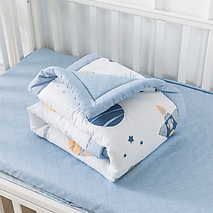 Soul & Lane Space Baby Bedding Crib Set for Boy (Set of 3 - Space Baby Quilt, Crib Fitted Sheet for Boys, and Changing Pad Cover): Washable Space Crib Set, Reversible White and Blue Crib Bed Set