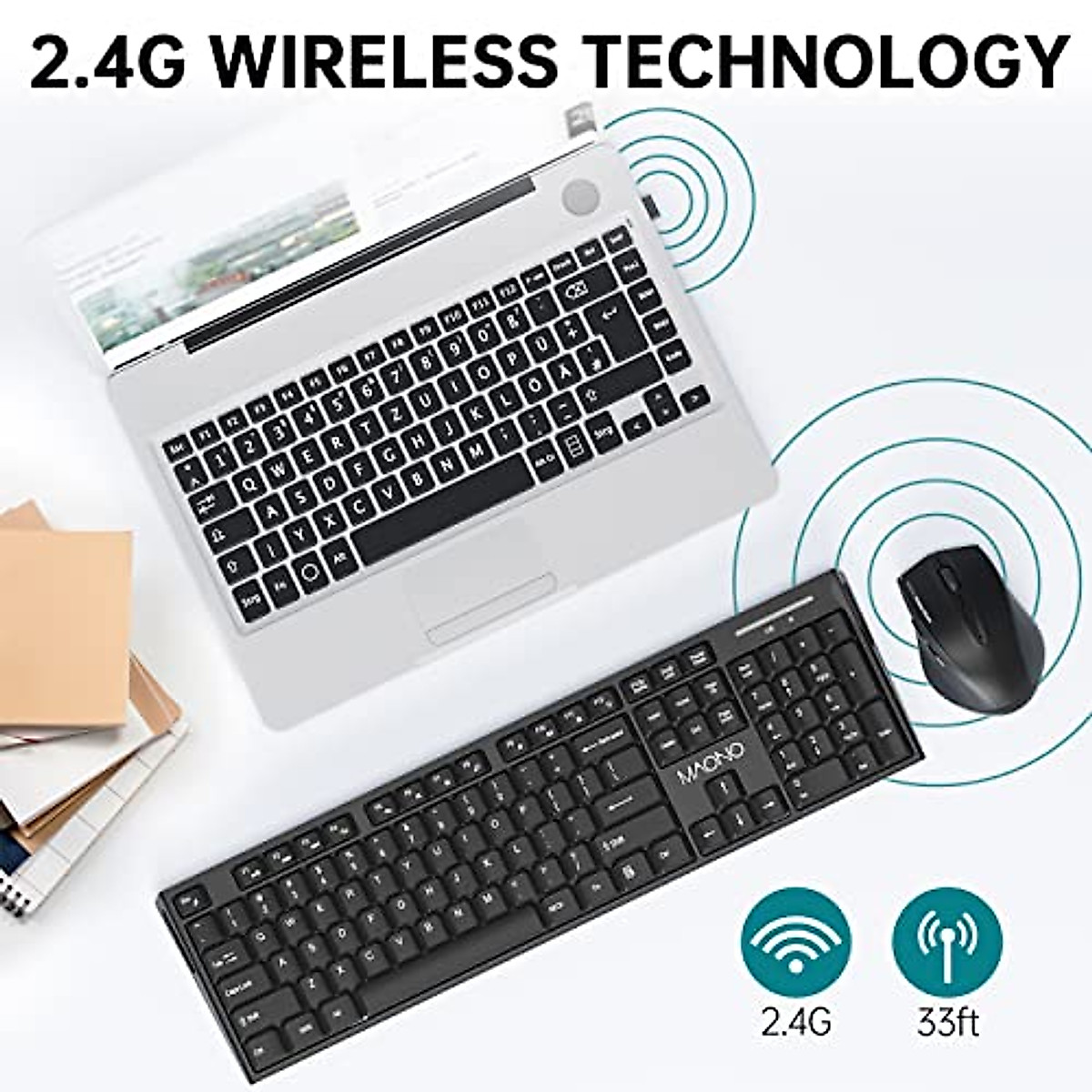 MAONO Wireless Keyboard and Mouse Combo, 2.4G USB Wireless Keyboard Mouse Full Size with Mouse Pad for Laptop, PC, Compatible with Mac, Windows XP/7/8/10, Long Battery Life(Battery Included)