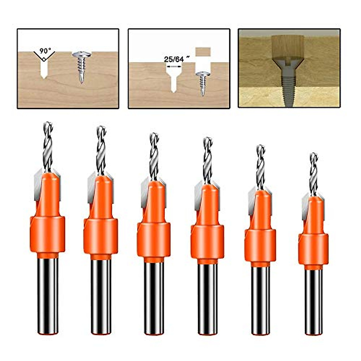6 PCS Wood Hole Countersink Drill Bit Set with Hex Key Wrench, Hole Drill Bit Timber Screw Hole Cutter for Carpentry Woodworking (Individually Box Packaging)