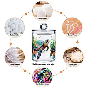 ALAZA 4 Pack Qtip Holder Dispenser Turtle Watercolor Cotton Ball Cotton Swab Cotton Round Pads Floss Clear Bathroom Storage Containers Plastic Apothecary Jars with Lids