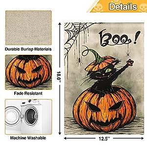 HOSCAPE Halloween Garden Flag 12.5 x 18 Inch Vertical Double Sided, Pumpkin Spider Cat Boo Halloween Flags Burlap Small House Yard Flag for Outdoor Indoor Decoration