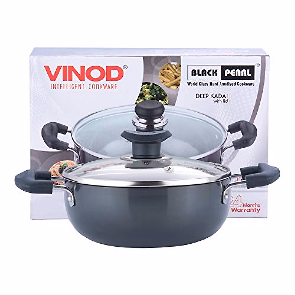 Vinod Cookware Professional Deep Kadhai – 2.1 Liters(2.2 Quarts) – 20cm–Glass Lid Included – Multi-Use Hard Anodized Wok/Pot –Suitable For Indian Cooking, Sauces, Pasta, Stews, Soups – Riveted Handles
