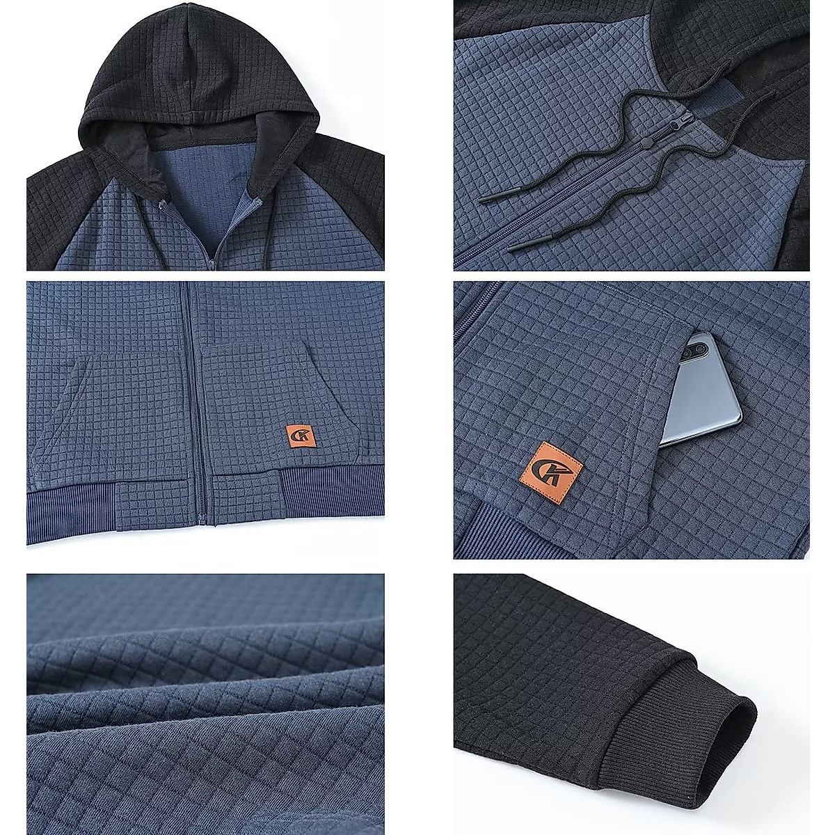 Men's Jacquard PlaidCloth Raglan Sleeve Zipper Hoodie Sweatshirt GreyBlue/Black Large