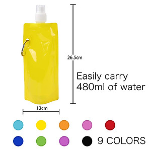 TOMNK Collapsible Water Bottle, 9pcs Reusable Canteen Foldable Drinking Water Bags with Clip for Sports, Biking, Hiking Travel, 9 Colors