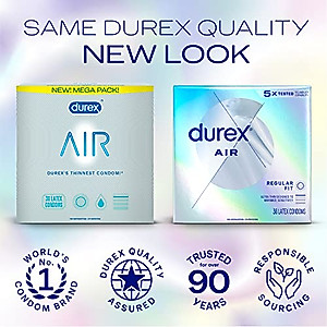 Durex Air Condoms Extra Thin Condoms, Regular Fit, Natural Rubber Latex Condoms for Men, FSA & HSA Eligible, 36 Count, Package May Vary