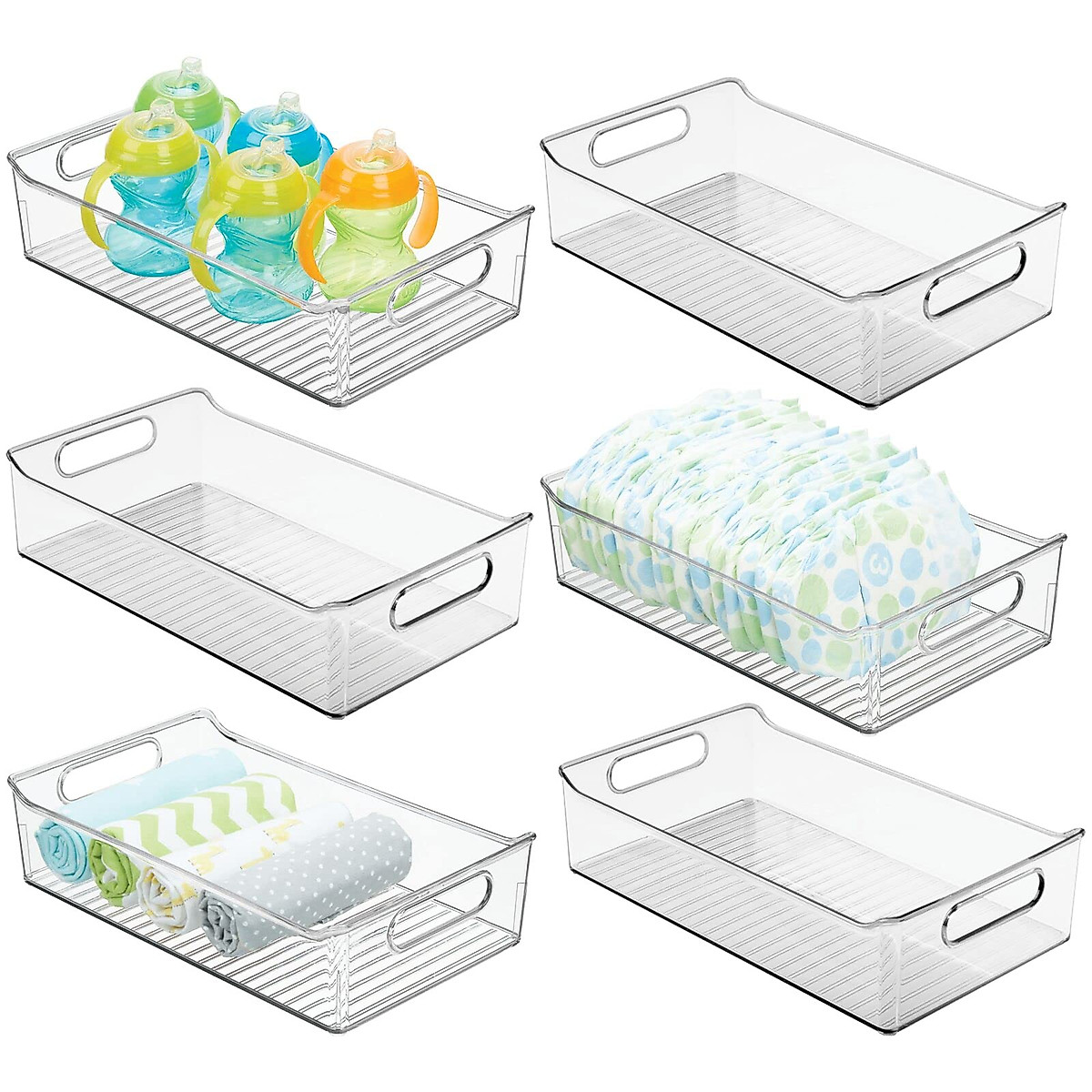 mDesign Small Plastic Nursery Storage Container Bins with Handles for Organization in Pantry, Cabinet, Closet or Cubby Shelves - Organizer for Baby Food, Bibs, Formula, and Burp Cloths - 6 Pack, Clear