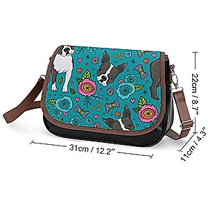 Satchel Bag For Women Boston Terrier And Beautiful Flowers Waterproof Leather Crossbody Handbag Messenger Bag For Ladies