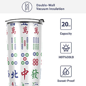Mahjong Game Tumbler Stainless Steel Insulated Cup Travel Mug for Coffee Double Wall Vacuum Thermos with Straw and Lid 20oz