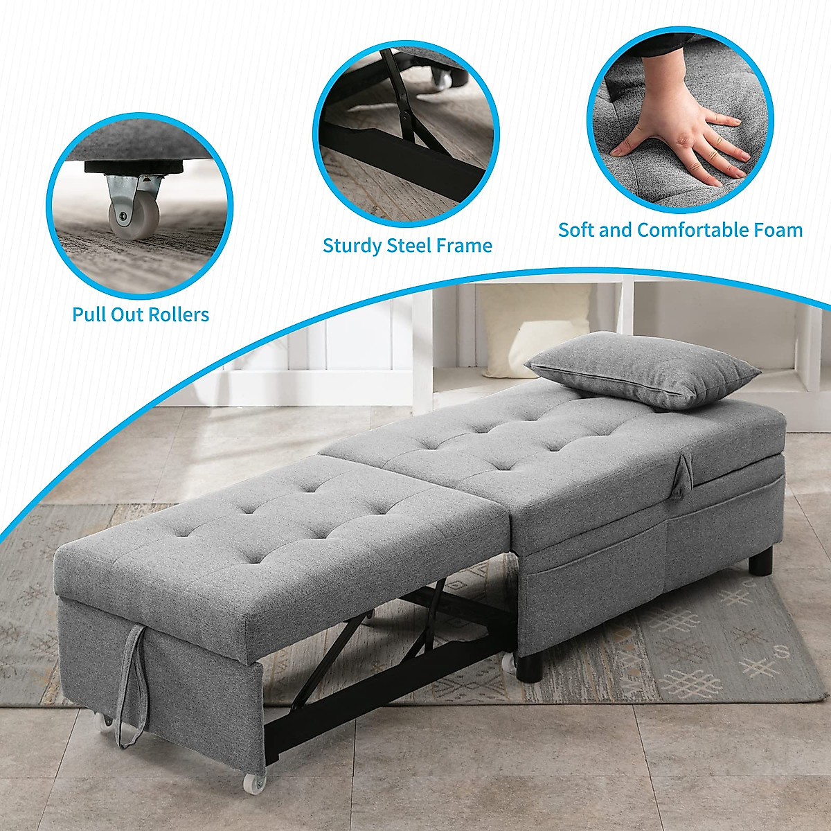 Mjkone 4-in-1 Sleeper Chair with Adjustable Backrest with Free Pillow, Pull Out Sofa Couch Bed with Memory Foam for Compact Living Room (No Assemble Need,Light Grey)