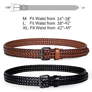 WERFORU 2 Pack Men’s Leather Braided Belt, Cowhide Leather Woven Belt for Jeans 1.3 Inch Wide with Prong Buckle,Black+Orange Brown,Fits Pants Size 34-38 Inches
