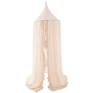 Kids Bed Canopy for Girls, Beige Crib Canopy Princess Hanging Children Canopy Tent, Toddler Girl Canopy Bed Netting for Baby Room Bedroom Reading Nook, Macrame Lace Boho Nursery Canopy with Pom Pom