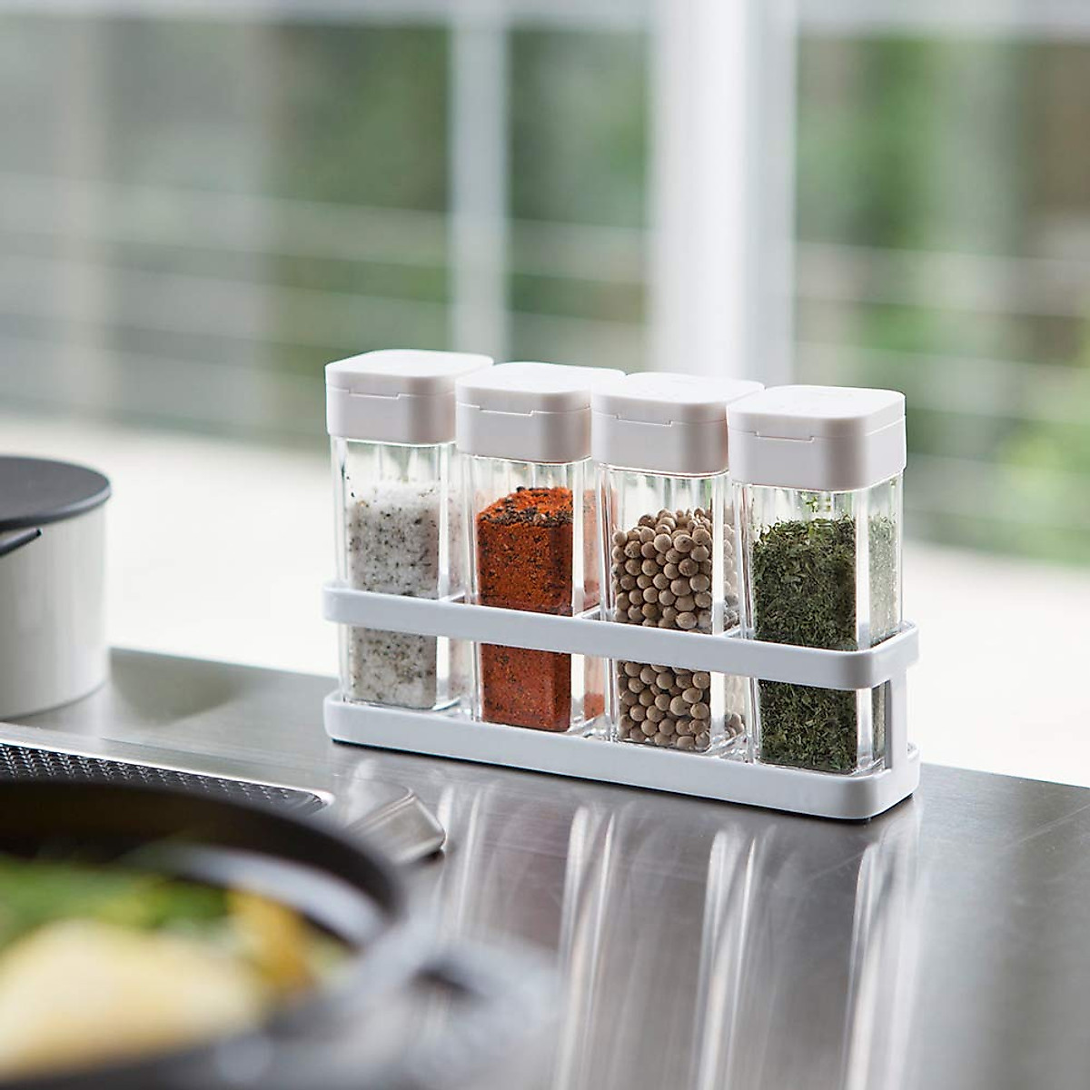 Yamazaki Home Spice Bottles With Rack - Kitchen Pantry Organizer Containers, Steel + Plastic, 1.69 oz. | 50 ml per shaker, Airtight, Lid, No Assembly Req.