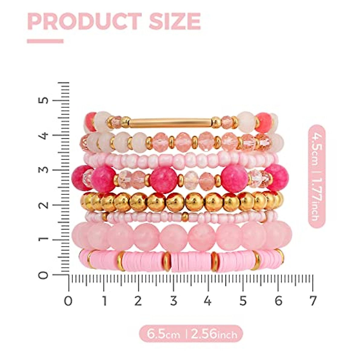 IDEAJOY 8 Pcs Pink Bracelet for Women, Bohemian Multi-Layer Beaded Stacking Summer Pink Bracelets Barbie Jewelry Gifts, Strand Stretch Sparkly Crystal Beads Wrap Slip-on Cuff Bangle Bracelet Set Gift