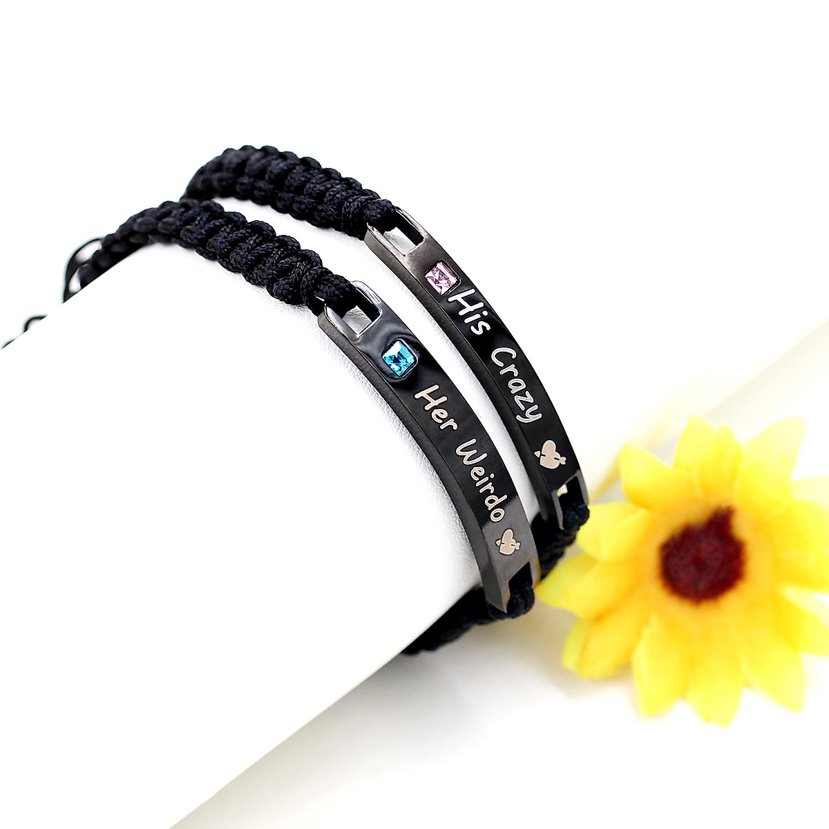 Uloveido 2pcs His Crazy Her Weirdo Bracelets Set for Couples Handmade Braided Black String Couples Bracelets for Boyfriend Girlfriend Men Women Birthday Valentine's Day Gift Y781