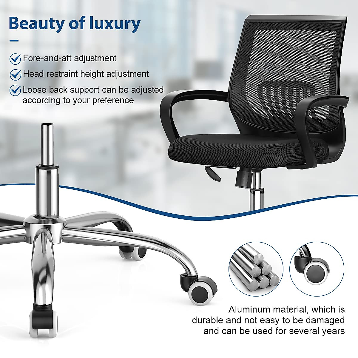 Black Office Desk Chairs with Lumbar Support, armrests Black Mesh Ergonomic Computer Chair can Lift and 360°Swivel, Made of Silver Aluminum Legs