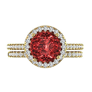 Clara Pucci 2.82 ct Round Cut Halo Solitaire Natural Red Garnet Designer Art Deco Statement Wedding Ring Band Set 18K Yellow Gold 7