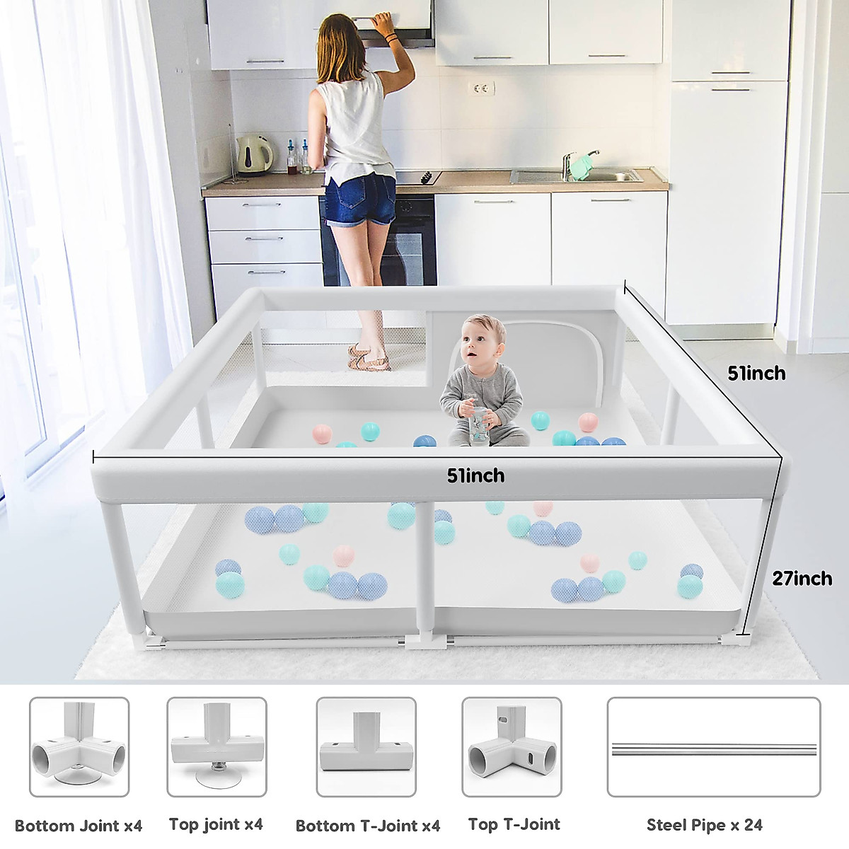 Baby Playpen Baby Playard, Playpen for Babies and Toddlers with Gate, 51x51" Small Baby Fence, Sturdy Safety Playpen, Indoor & Outdoor Kids Activity Center (with Anti-Slip Base) Silver Gray