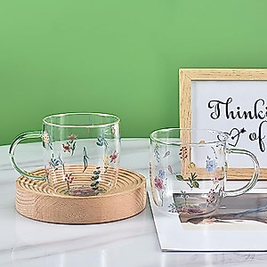 Koythin Flowers Coffee Glass Mug, Cute Espresso Cup, Drinking Glasses Breakfast Cups with Handle, 12oz Perfect for Coffee Juice Tea Latte Cappuccino (Green Leaf Pink Flower)