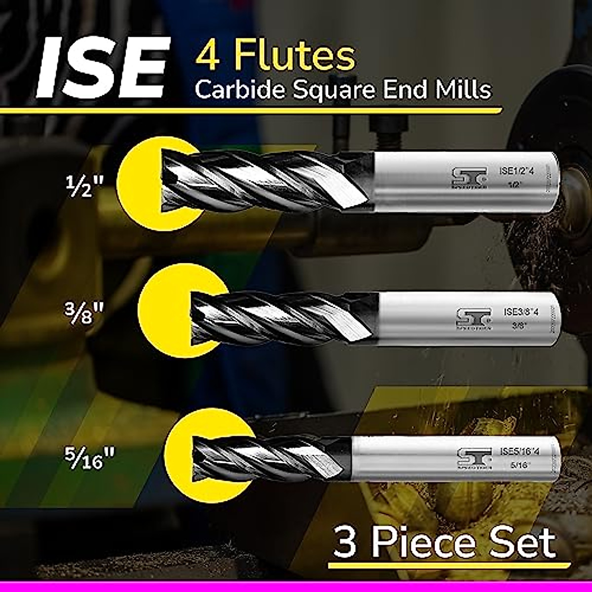 SPEED TIGER Carbide Square End Mill - ISE 4T (3 Piece Set: 5/16”, 3/8”, 1/2”) - for Drilling Alloy or Hardened Steel, Metal & More - 4 Flute – Mill Bits Sets for DIYers & Professionals
