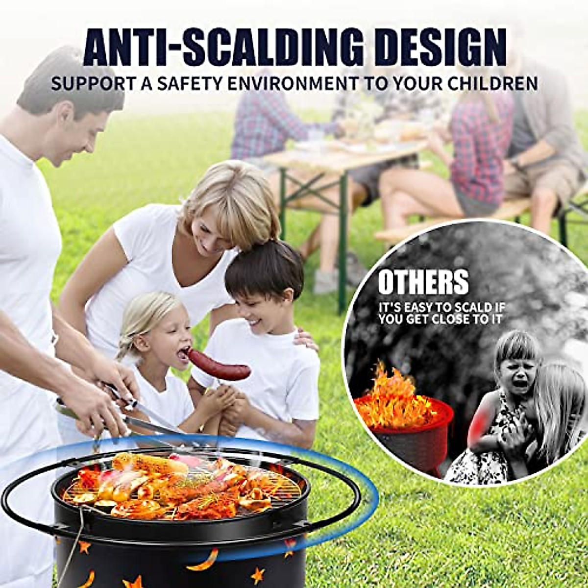 WASAKKY Fire Pits Wood Burning Grill - 30” Round Steel Deep Bowl Firepit - Backyard Cosmic，Stars and Moons Firepit 2-in-1 for Outside Patio Cooking Black