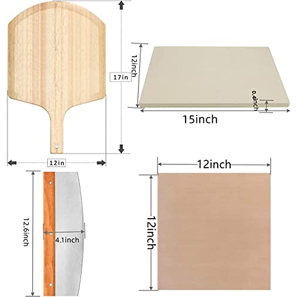 4 PCS Rectangle Pizza Stone Set, 15" Large Pizza Stone for Oven and Grill with Pizza Peel(OAK), Pizza Cutter & 10pcs Cooking Paper for Free, Baking Stone for Pizza, Bread
