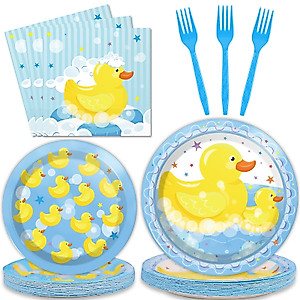 gisgfim 96 Pcs Duck Plates Duck Birthday Party Decorations Duck Disposable Paper Plate and Napkins Rubber Duck Themed party supplies for Birthday Baby Shower Gender Reveal Favors for 24 Guests