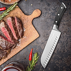 OAKSWARE 7" Santoku Knife, Razor Sharp Kitchen Cutting Chopping Chef Knife, Professional High Carbon German Steel Cooking Knife for Meat, Vegetables, and Fruits