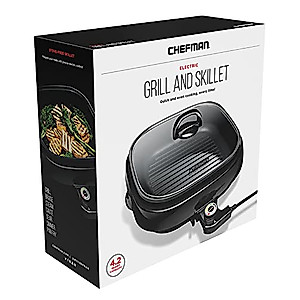 Chefman Electric Grill And Skillet Ridged Surface, Braise, Steam, Sauté, Sear, Pan Fry, Adjustable Temperature, 4.2-Quart, Black-Square