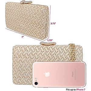 Chevron Raffia Straw Box Clutch with V Ornament