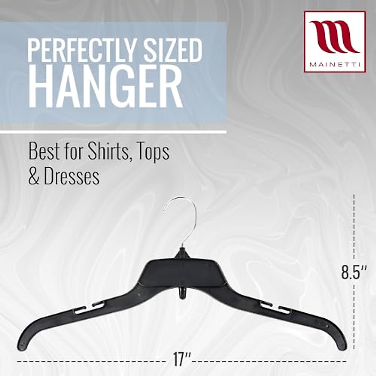 Mainetti 484 Recycled Black Plastic Hangers - 200 Pack with Rotating Metal Hook and Notches for Straps, Great for Shirts/Tops/Dresses, 17-Inch