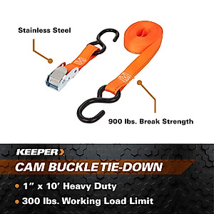 HAMPTON PROD Keeper – 1”x 10' Cam Buckle Tie-Down, 4 Pack - 300 lbs. Working Load Limit and 900 lbs. Break Strength
