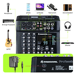 6 Channel Audio Interface Mixer Sound Board 99 DSP Digital Effects With 48khz/24bit Bluetooth USB Rac Interface As Mp3 Player Audio Mixer Feet Switch On/off For Karaoke Dj Studio Streaming Recording