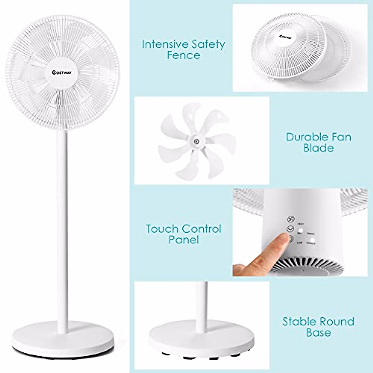 COSTWAY 16-Inch Standing Pedestal Fan, Height Adjustable 90° Oscillating Fan with Remote Control, 3 Wind Speeds & 60° Tilt, Quiet 7-Blade Stand Fan for Bedroom, Living Room, Home, Office, White