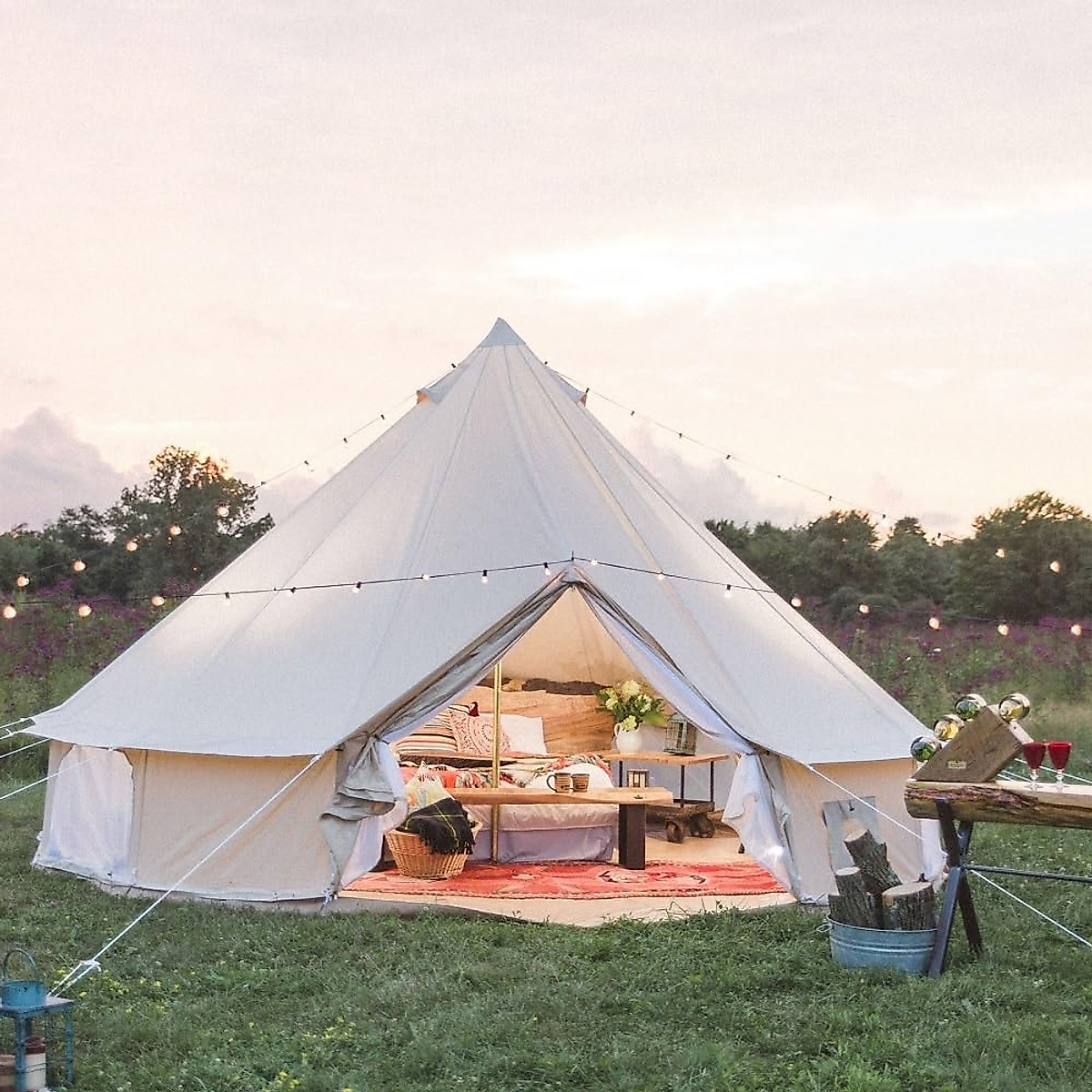 Dream House Outdoor Waterproof Cotton Canvas Family Camping Bell Tent (Beige Cotton Canvas Tent, Diameter 5 meter)