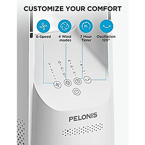 PELONIS Bladeless Tower Fan with 26-33ft Powerful Airflow, Alexa and Google Compatible, 6-Speed Settings, Quiet DC Motor, 120° Oscillation, 7-Hour Timer - Ideal for for Bedroom Home Office Use,White