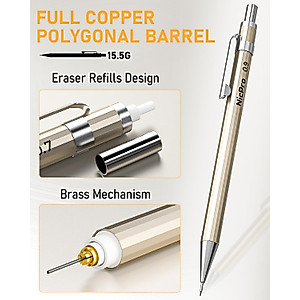 Nicpro 6 PCS Art Mechanical Pencils Set, Metal Artist Drafting Pencil 0.3 & 0.5 & 0.7 & 0.9 mm & 2 PCS 2mm Graphite Lead Holder(4B 2B HB 2H) For Writing Sketching Drawing With Lead Refills Eraser Case