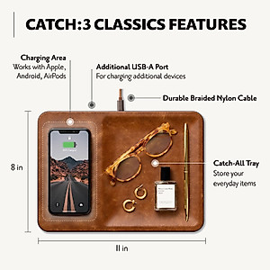 Courant Catch:3 Classics - Italian Leather Wireless Charging Station and Valet Tray (Saddle) - Compatible with iPhone 15, 14, 13, 12, 11, Galaxy S21, S20, Note, AirPods, AirPods Pro