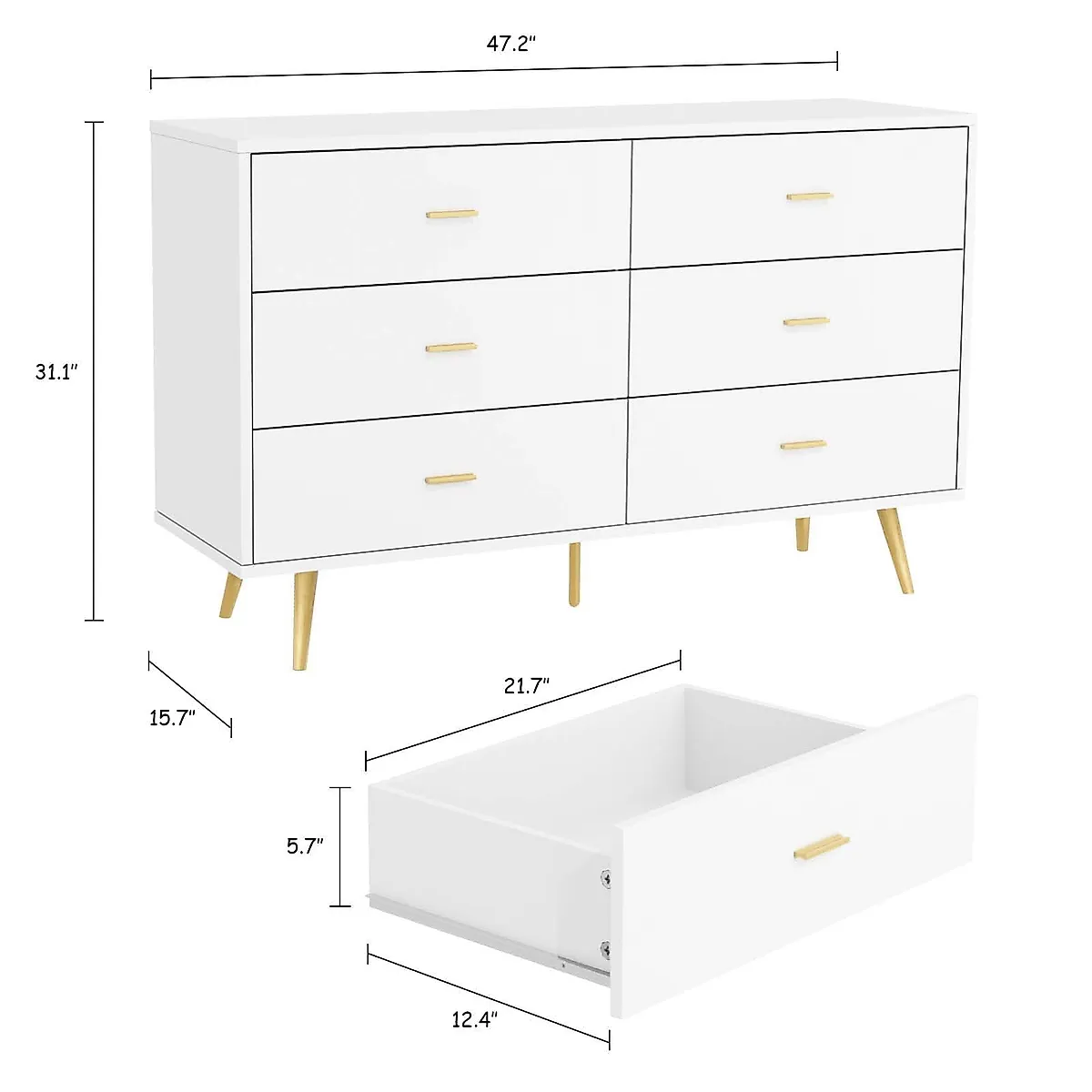 JOZZBY White Dresser, 6 Drawer Dresser for Bedroom with Wide Drawers and Metal Handles, Modern Wood Storage Chest of Drawers for Living Room Hallway Entryway