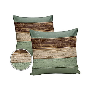Vandarllin Outdoor Throw Pillows Covers 16X16 Set of 2 Waterproof Sage Green Brown Decorative Zippered Cushion Covers for Patio Furniture, Farmhouse Retro Rustic Barn Wood Texture Lumbar Pillowcases