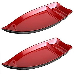 JapanBargain 2385, Set of 2 Sushi Boats Japanese Sashimi Sushi Serving Plate Snack Plate Appetizer Dishes Chip and Dip Plate, 10 inch, Black and Red Color
