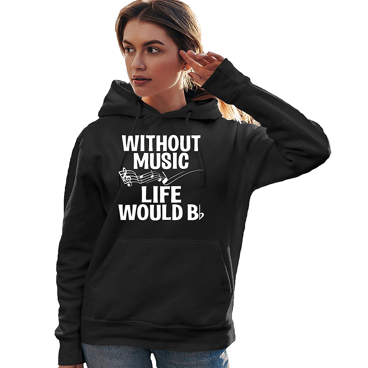Go All Out Large Black Mens Without Music Life Would B Flat Funny Music Lovers Sweatshirt Hoodie