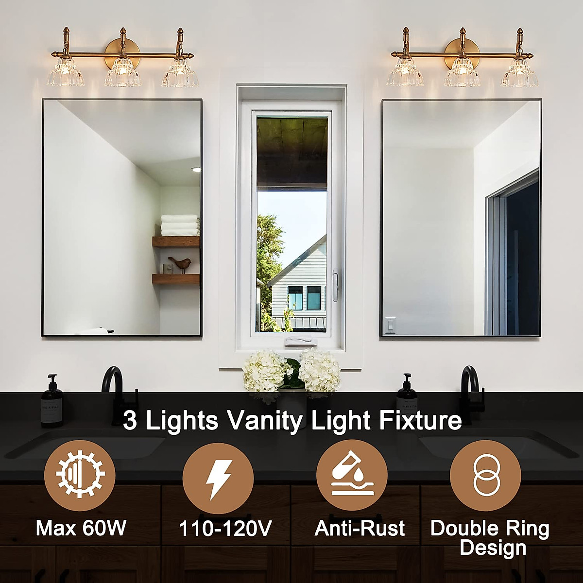 OFFDARKS Bathroom Vanity Light Fixtures Matte Brass Vintage Vanity Lighting Fixture Over Mirror 3 Lights Wall Sconce for Bedroom Dressing Room Living Room Hallway