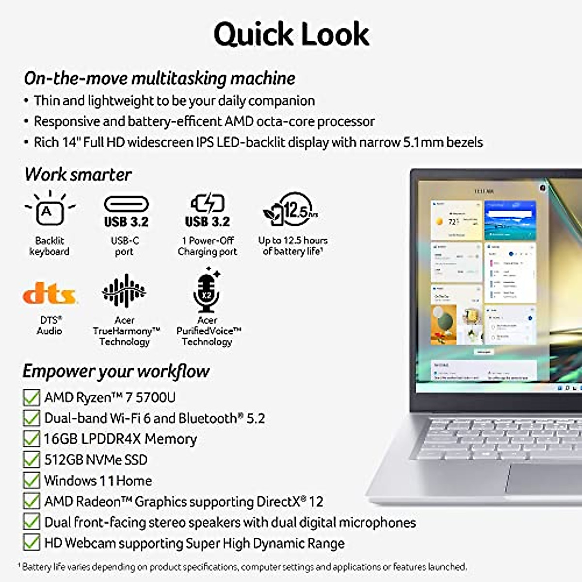 Acer Swift 3 SF314-43-R6NE Laptop | 14" Full HD IPS | AMD Ryzen 7 5700U Octa-Core Processor | AMD Radeon Graphics | 16GB LPDDR4X | 512GB SSD | Wi-Fi 6 | Fingerprint Reader | Backlit KB | Windows 11