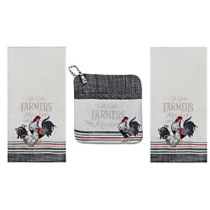 Farmers Market Kitchen Towel - Potholder Bundle, 2 Gray Striped Heavyweight Kitchen Towels with Embroidered Roosters and Matching Pocket PotHolder
