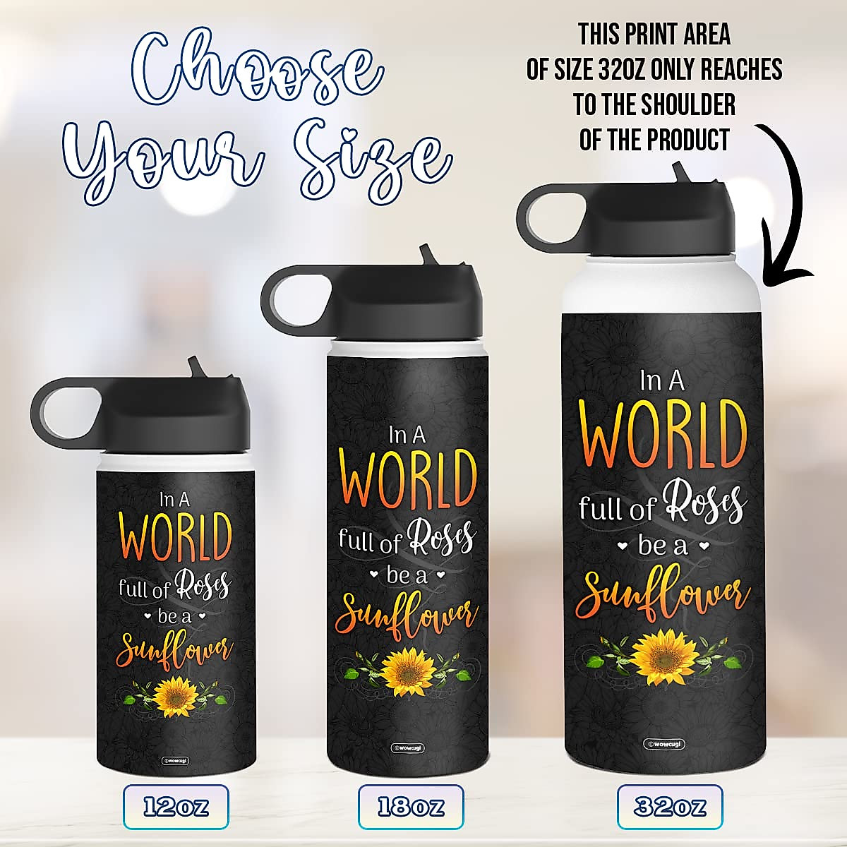 wowcugi Sunflower Gifts Personalized Sunflower Water Bottle 12oz 18oz 32oz Insulated Stainless Steel Travel Cup Sports Bottles Birthday Christmas Custom Sunflowers Gift for Girls Kids Women