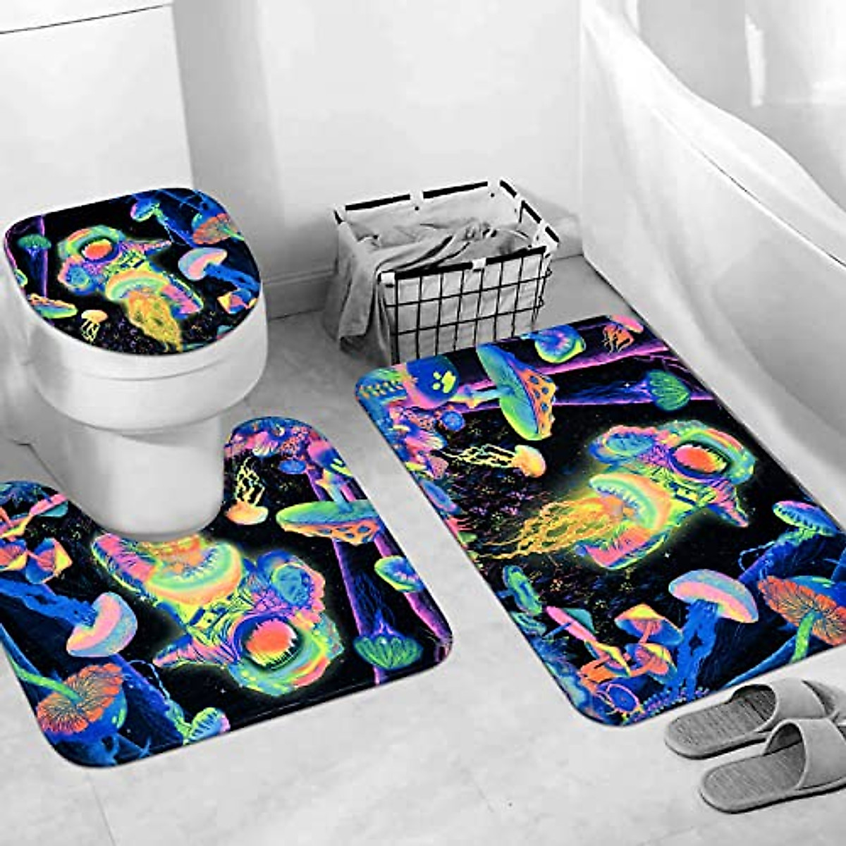 Alishomtll 4 Pcs Blacklight Astronaut Kids Shower Curtain Sets with Rugs, Black Light Space Bathroom Set with Shower Curtain and Rugs, Mushroom Jellyfish Bathroom Sets Decor for Men