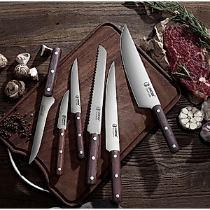 UMOGI Kitchen Knife Set 6 Piece with Sheath Covers in Gift Box - Full Tang Wooden Handle German Stainless Steel - professional Cutlery Knives Set with Chef Slicing Bread Boning Utility Paring Knife